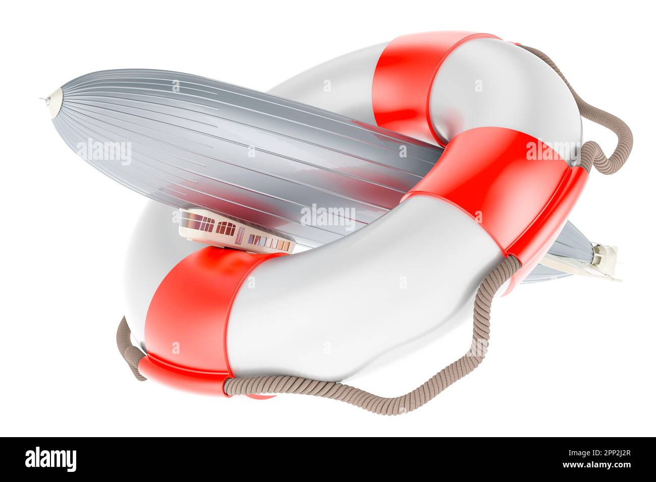 Airship or dirigible balloon inside lifebelt, 3D rendering isolated on ...
