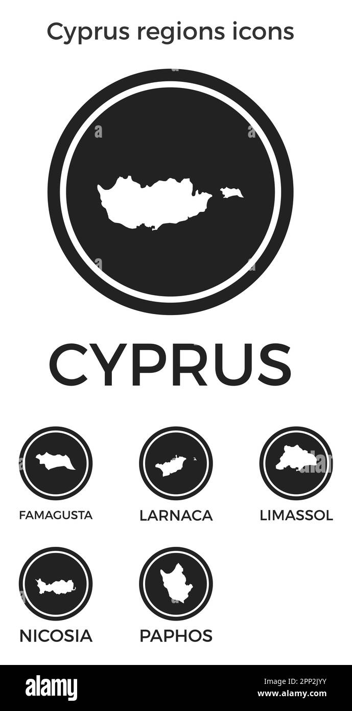 Cyprus regions icons. Black round logos with country regions maps and ...