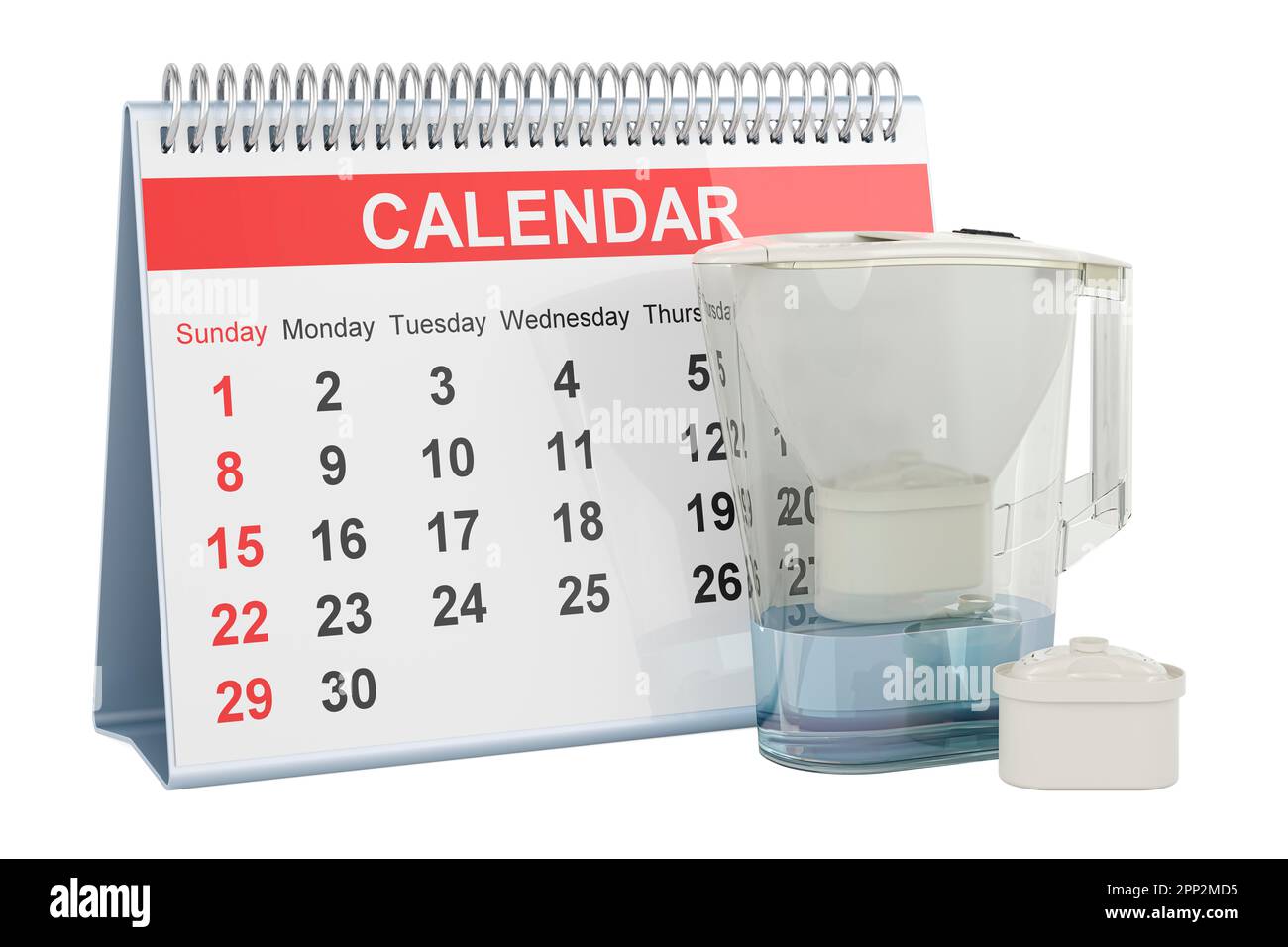 Pitcher water filter with desk calendar, 3D rendering isolated on white ...