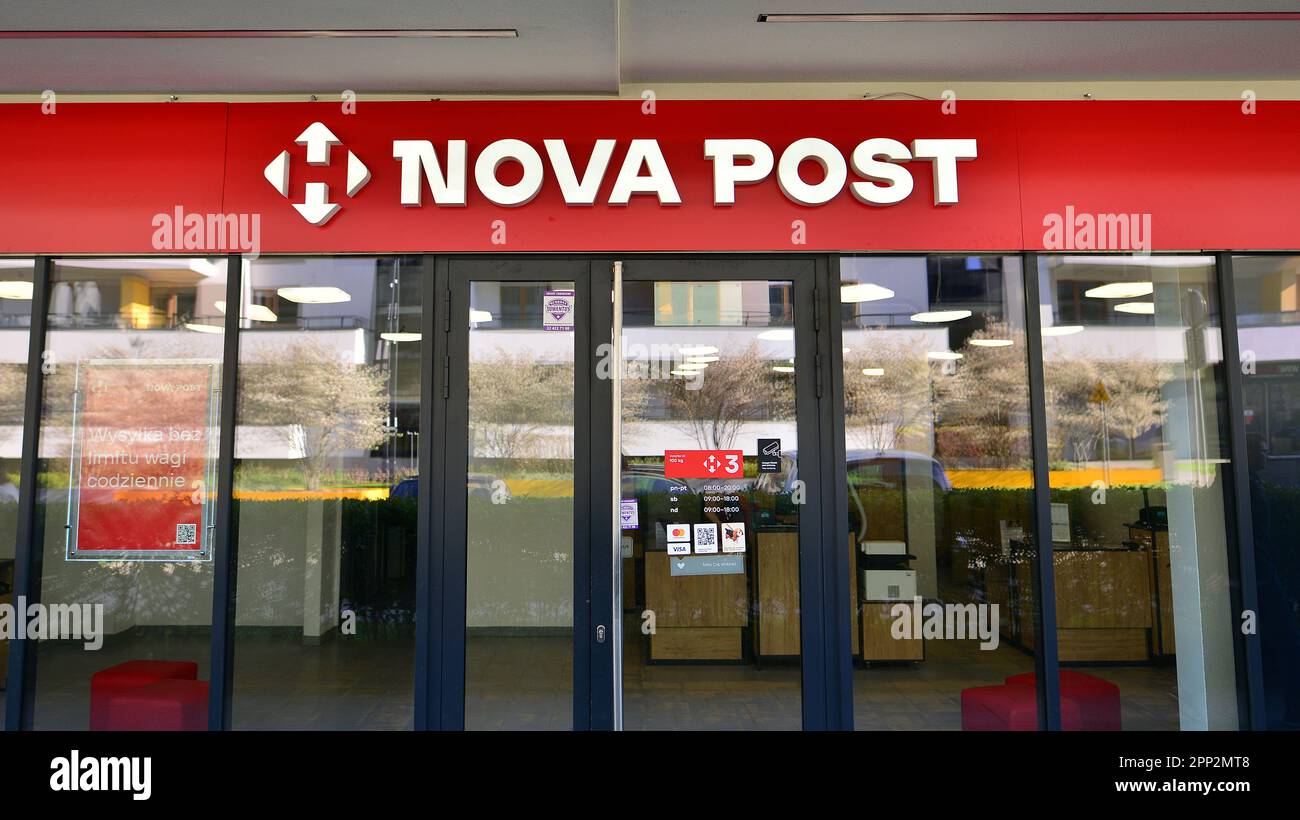 Warsaw, Poland. 21 April 2023. Sign Nova Post. Company signboard Nova ...