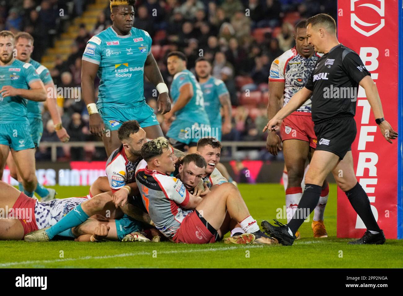 Leigh, UK. 21st Apr, 2023. Referee Mr Ben Thaler signals that Rhyse ...