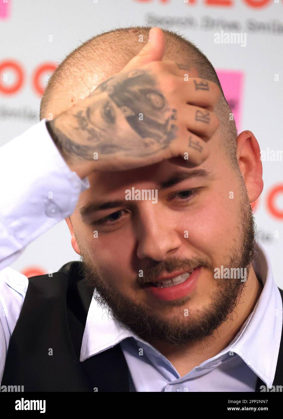 Luca Brecel post match interview during day seven of the Cazoo World ...