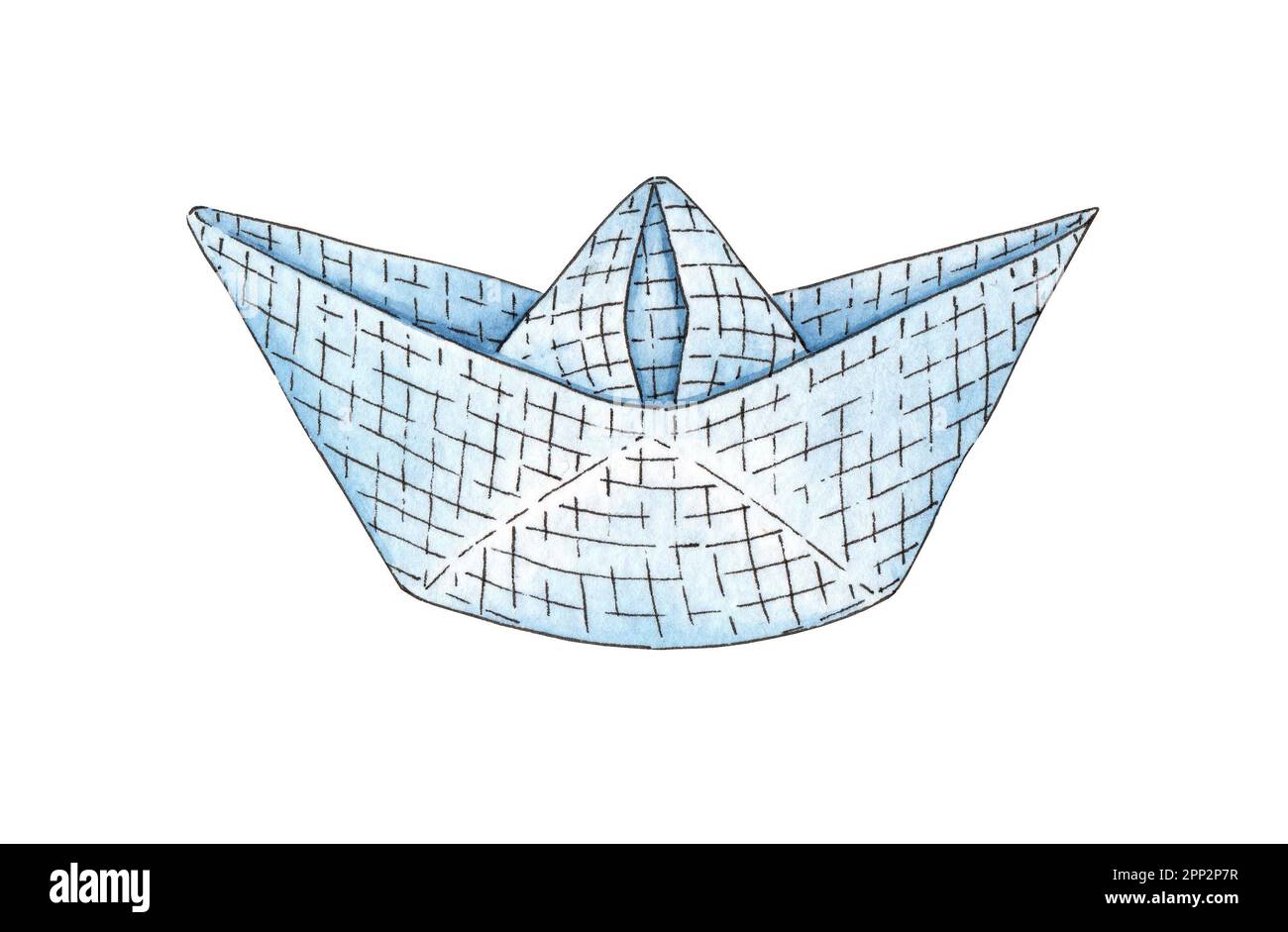 Watercolor illustration of a paper boat folded by hand from a notebook ...