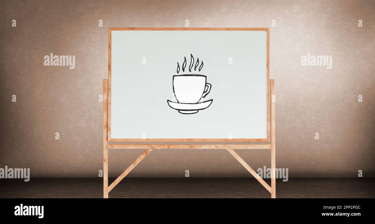Composition of whiteboard with coffee icon on beige background Stock ...