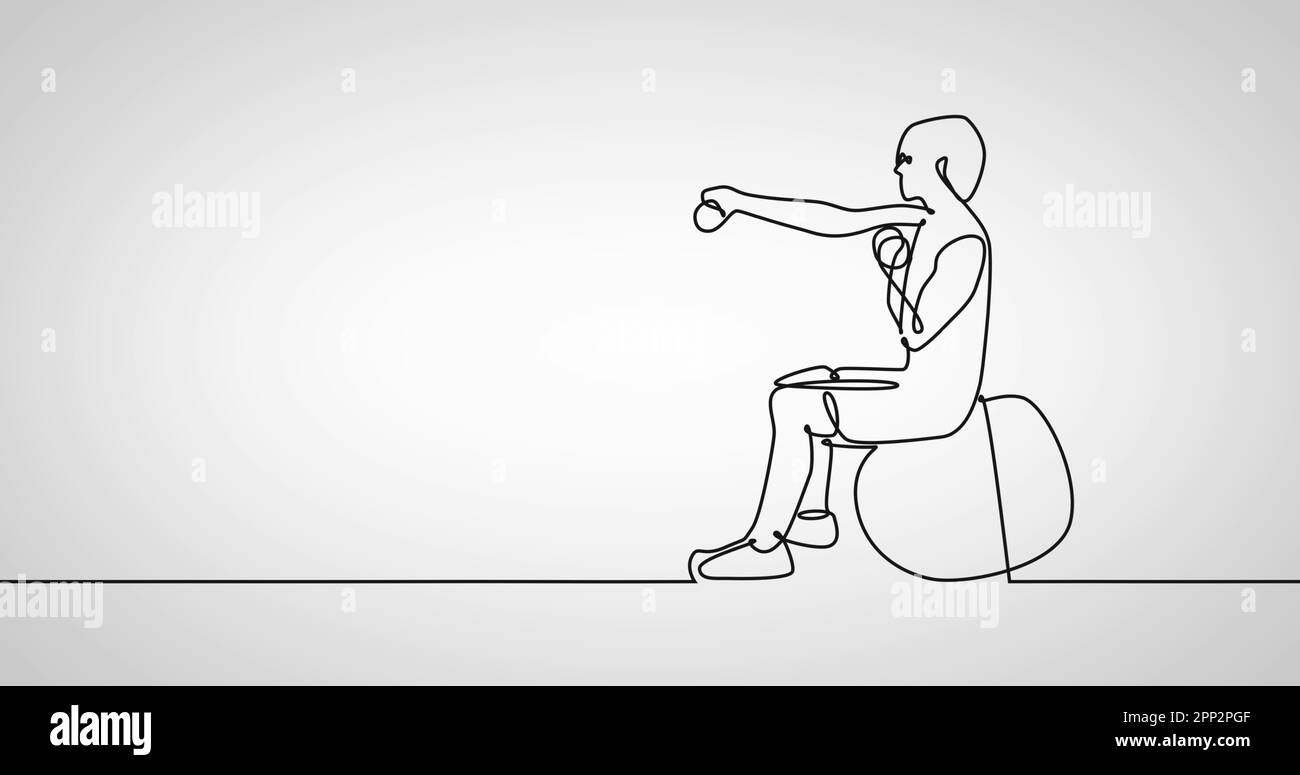 Composition of drawing line with woman lifting weights on white ...