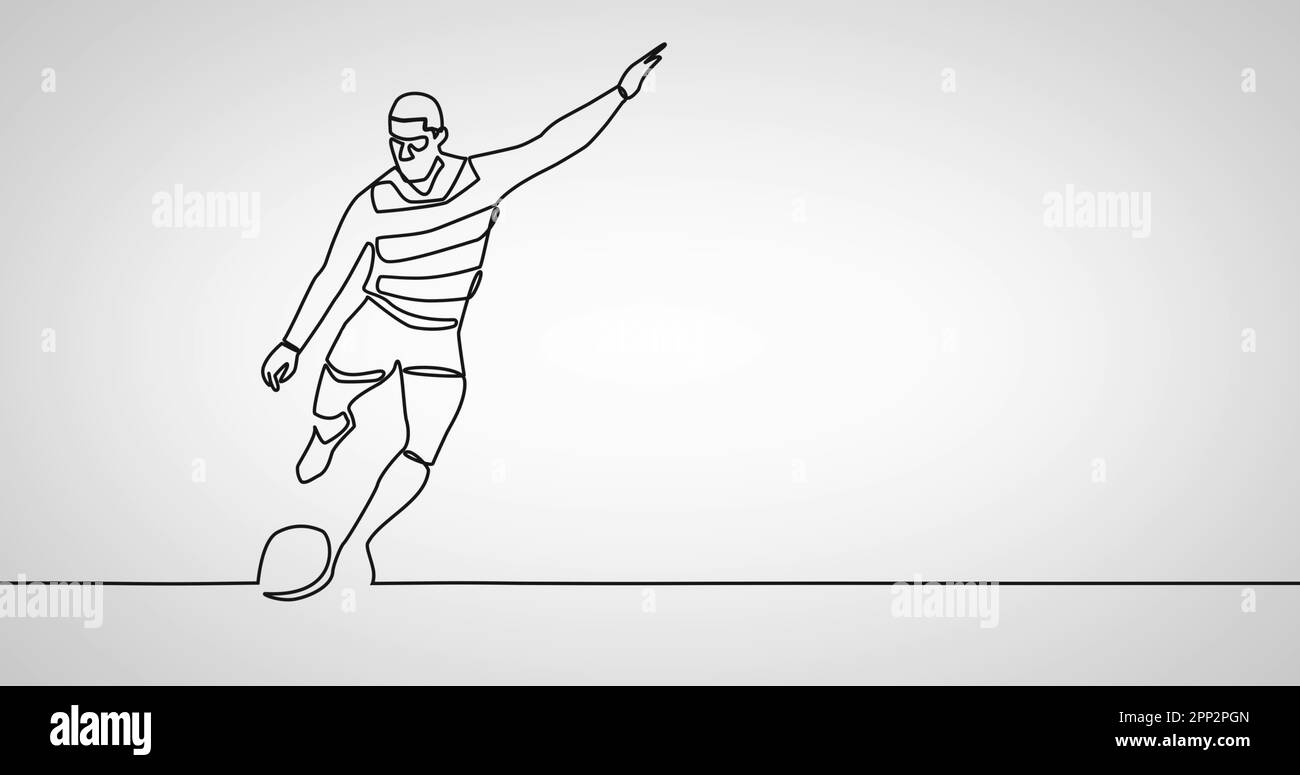 Composition of drawing line with man playing rugby on white background ...
