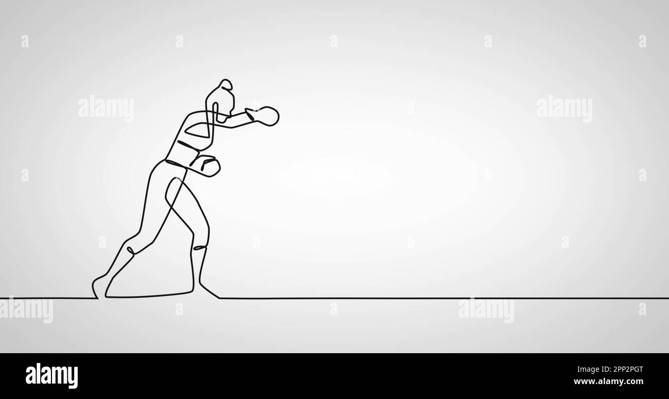 Composition of drawing line with woman boxing on white background Stock ...