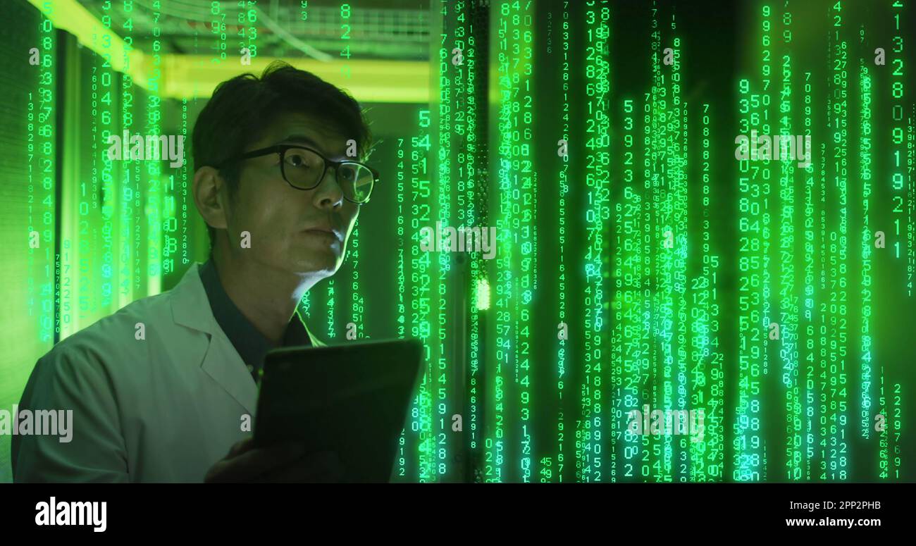 Composition of data processing over asian businessman using tablet in ...