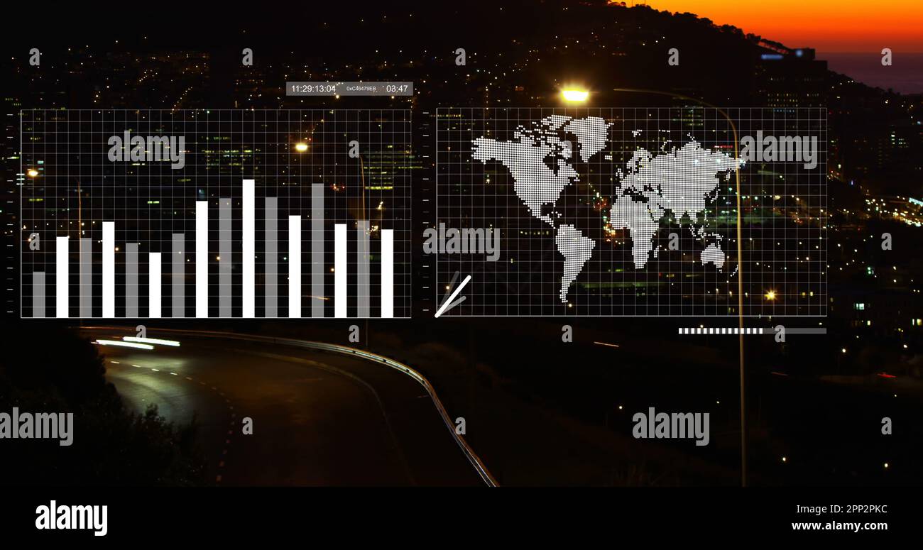 Composition of data processing with world map over cityscape Stock Photo - Alamy