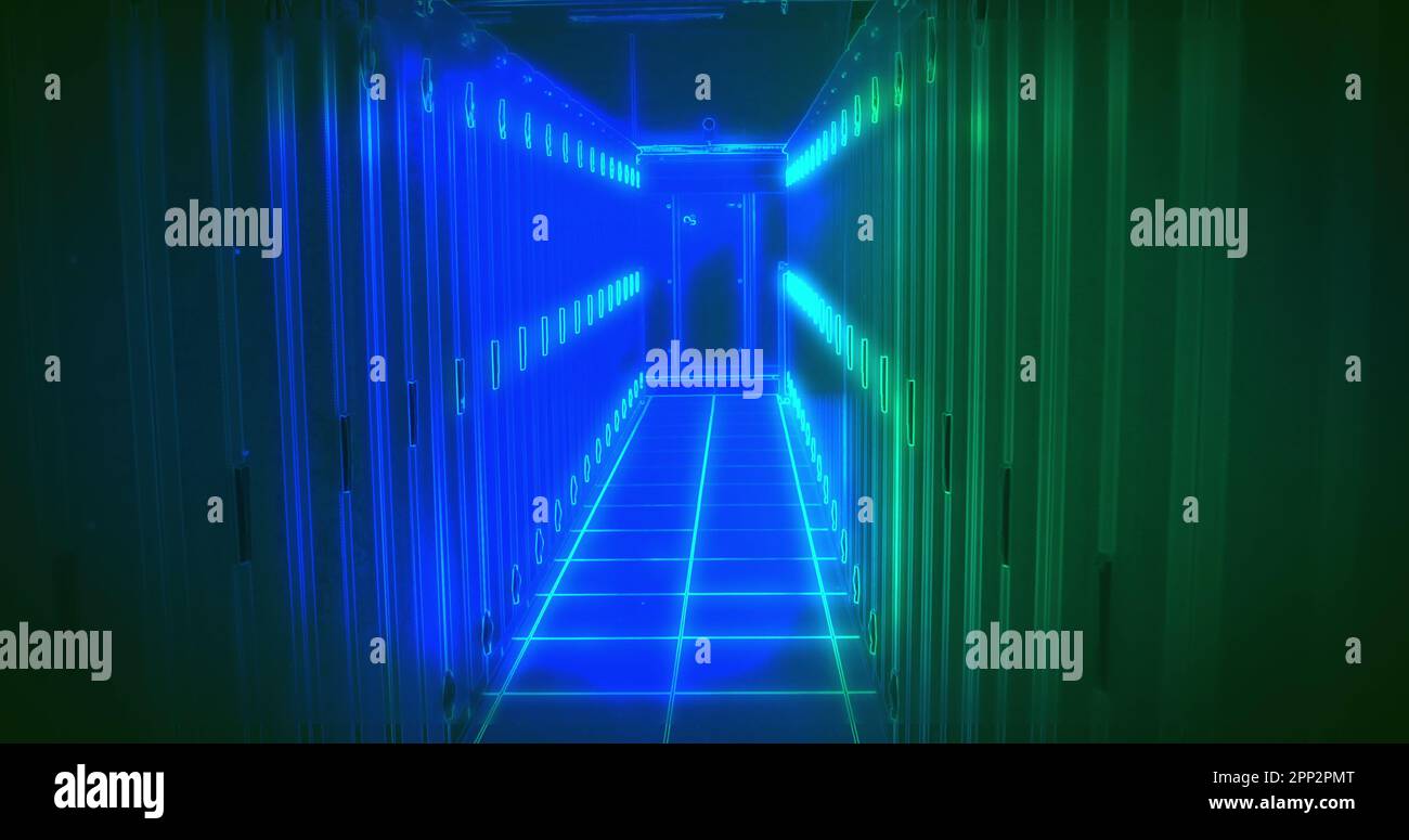 Composition of green and blue light over server room Stock Photo - Alamy