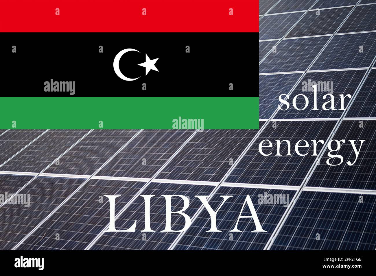 Solar energy panels with Libya flag background. Sustainable resources ...