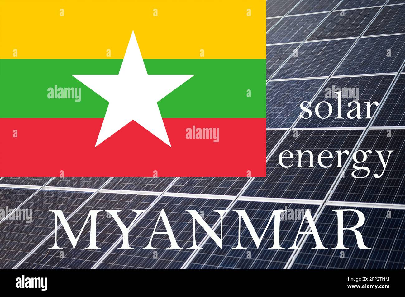 Solar energy panels with Myanmar flag background. Sustainable resources ...