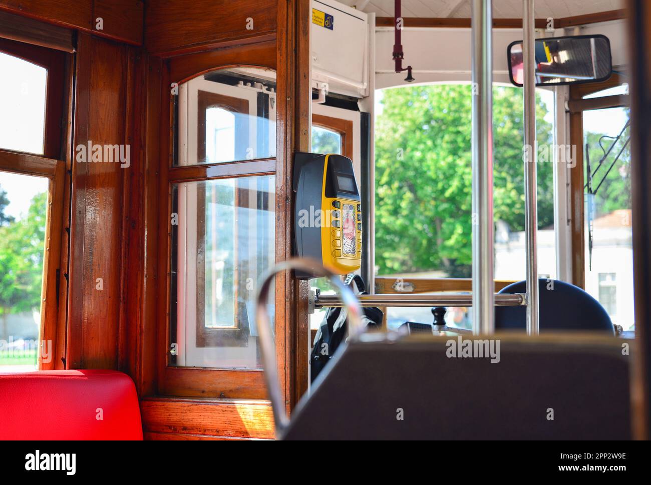 Interior of a old famous yellow elevator tram 28 Stock Photo - Alamy