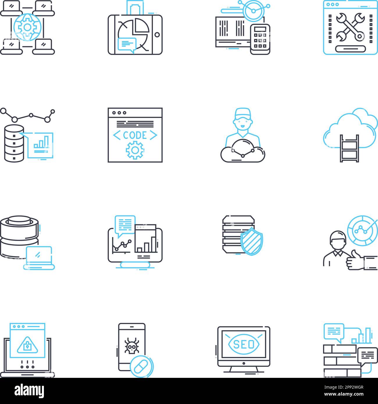 Digital marketing linear icons set. SEO, PPC, Social Media, Email, Content, Analytics, Mobile ...