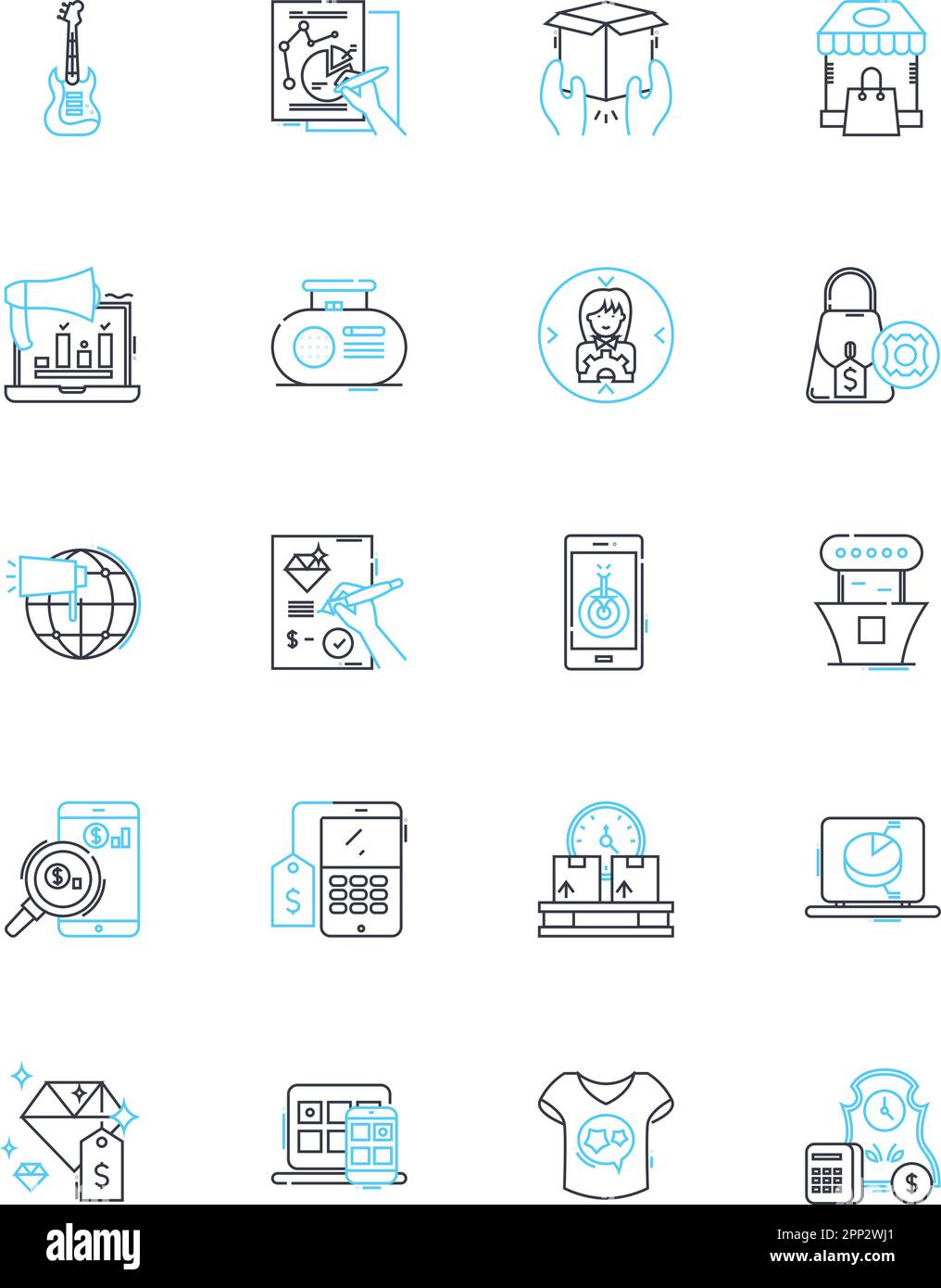 Sales plan linear icons set. Strategy, Revenue, Target, Forecast, Pipeline, Prospects ...