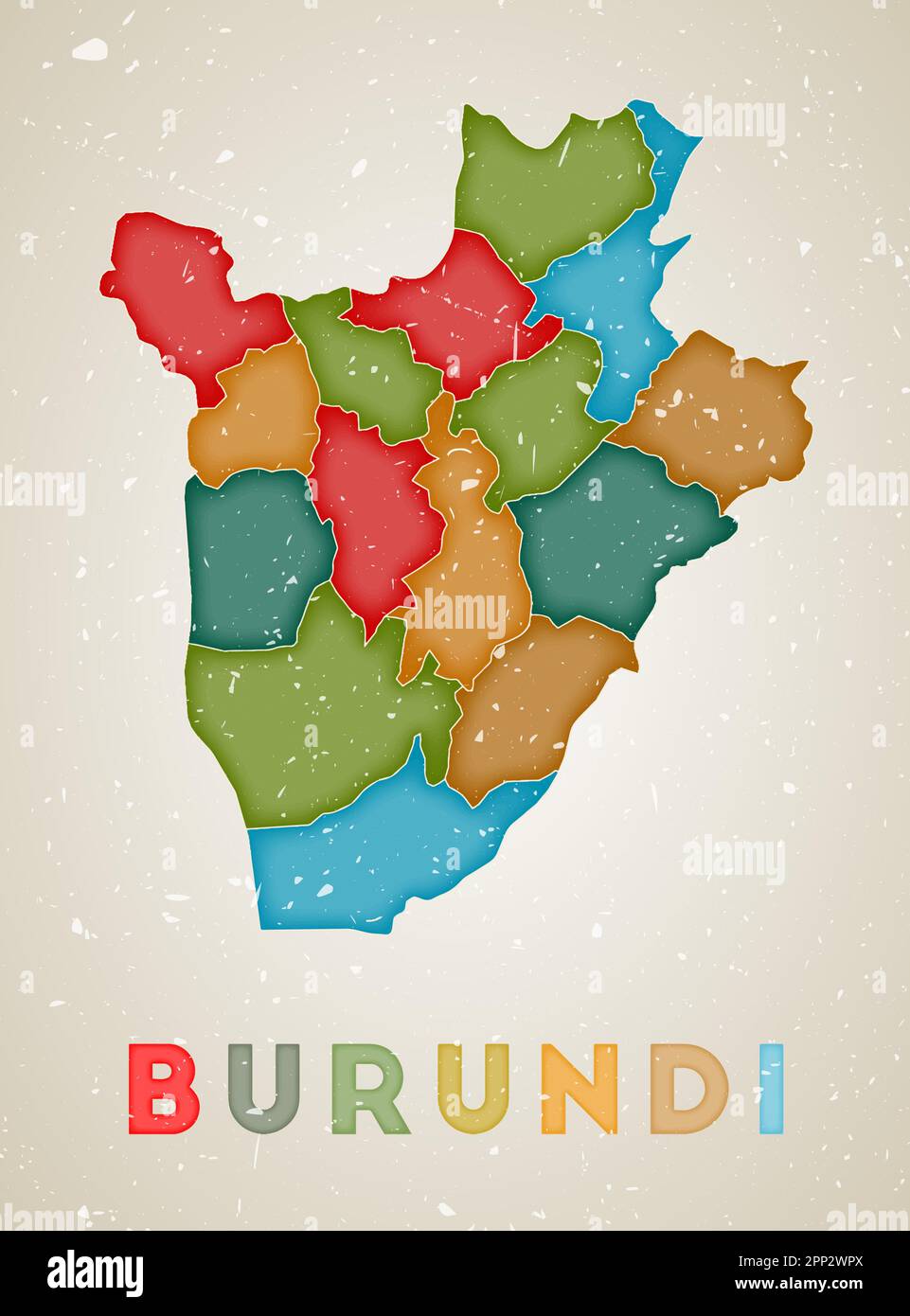 Burundi map. Country poster with colored regions. Old grunge texture ...