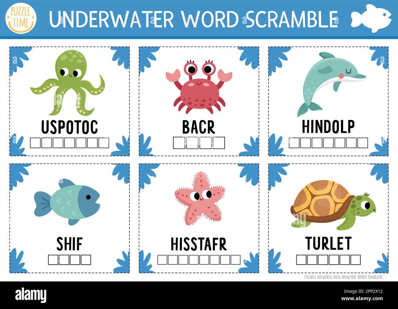 Vector under the sea word scramble activity page. English language game ...