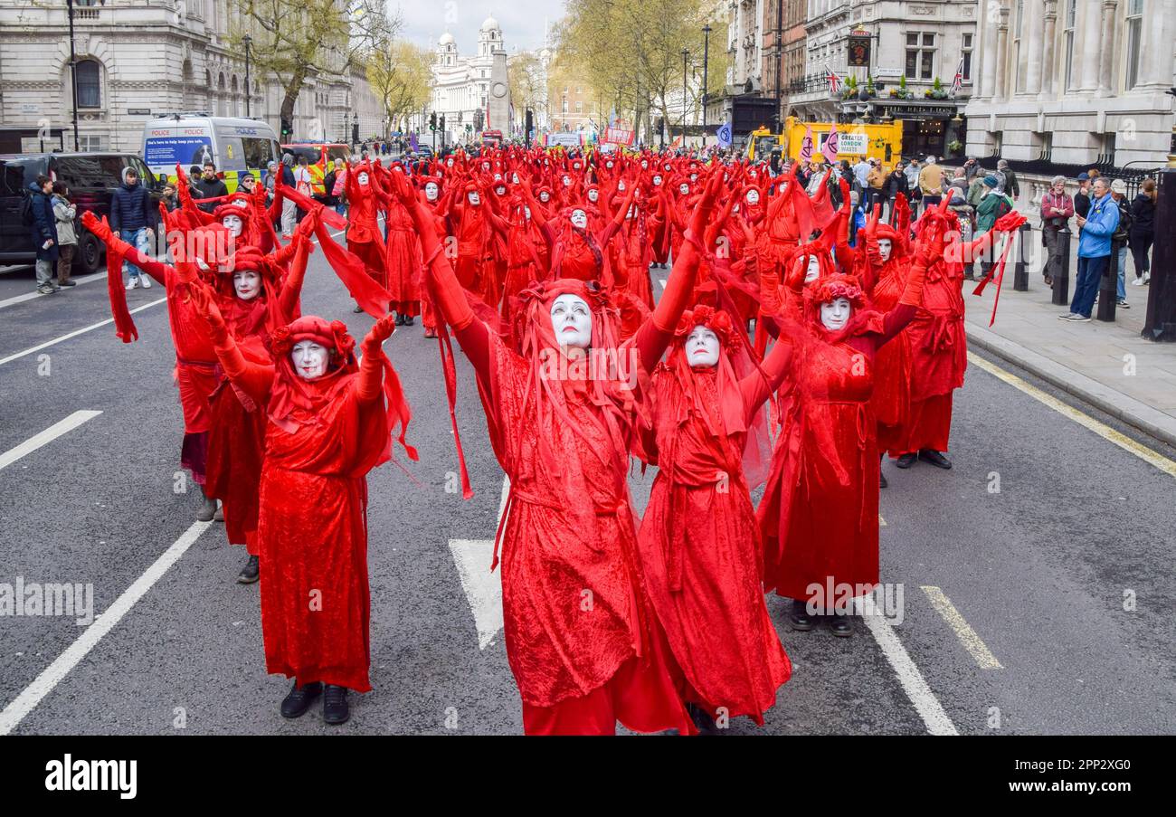 London, UK. 21st Apr, 2023. Protesters wearing costumes known as Red ...