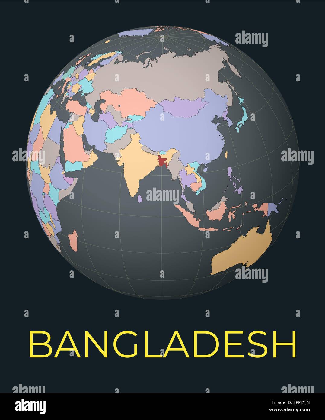 World map centered on Bangladesh. Red country highlighted. Satellite ...