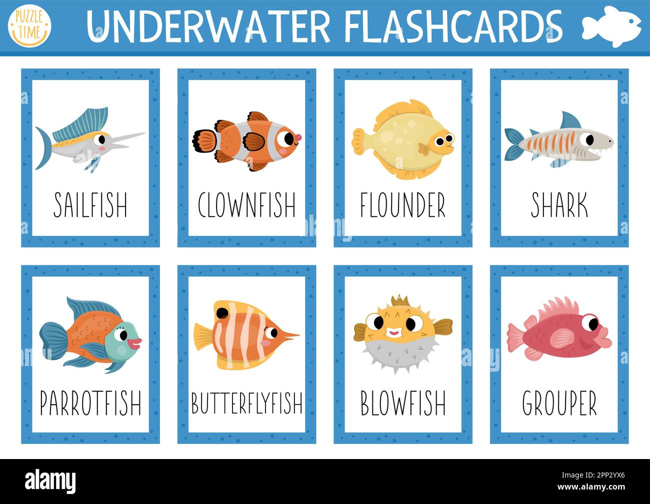 Vector flash cards set with fishes. English language game with cute ...