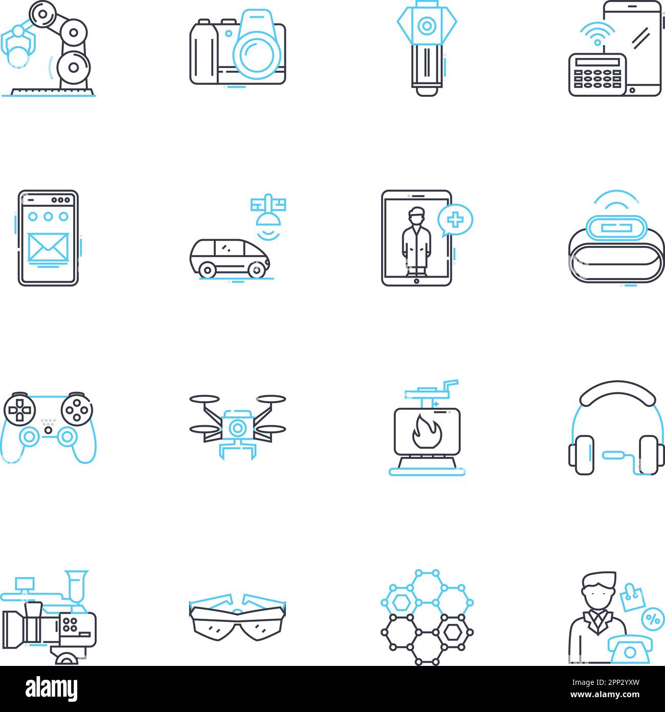 Digital gadgets linear icons set. Smartph, Tablet, Laptop, Computer, Camera, Headphs, Smartwatch ...