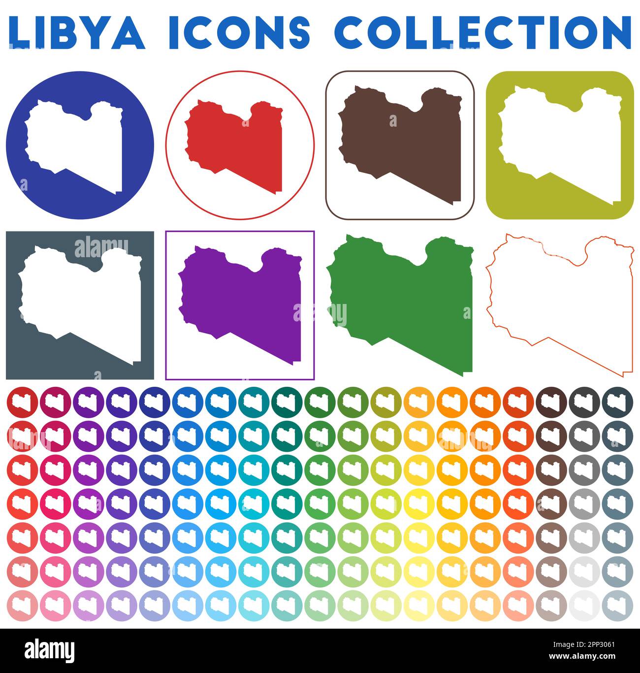 Libya icons collection. Bright colorful trendy map icons. Modern Libya badge with country map ...