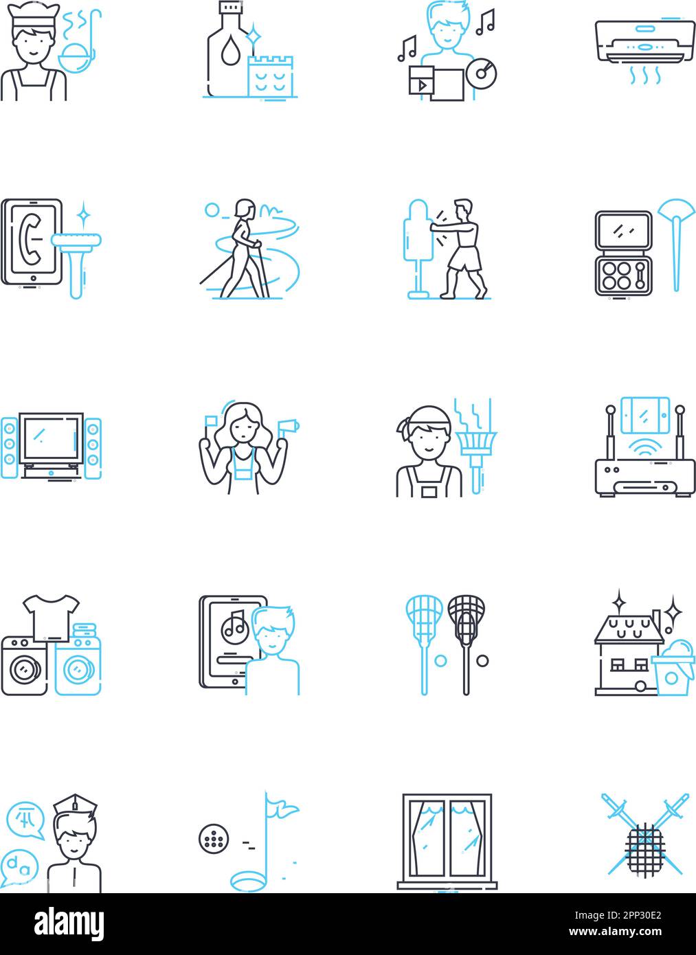 Kitchen cleanup linear icons set. Scrubbing, Wiping, Mopping, Sweeping ...