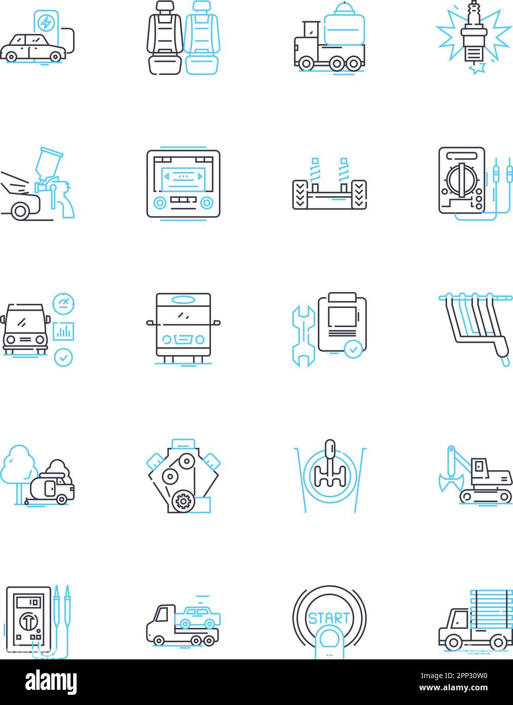 SUV parts linear icons set. Bumper, Headlights, Tires, Exhaust, Grille ...