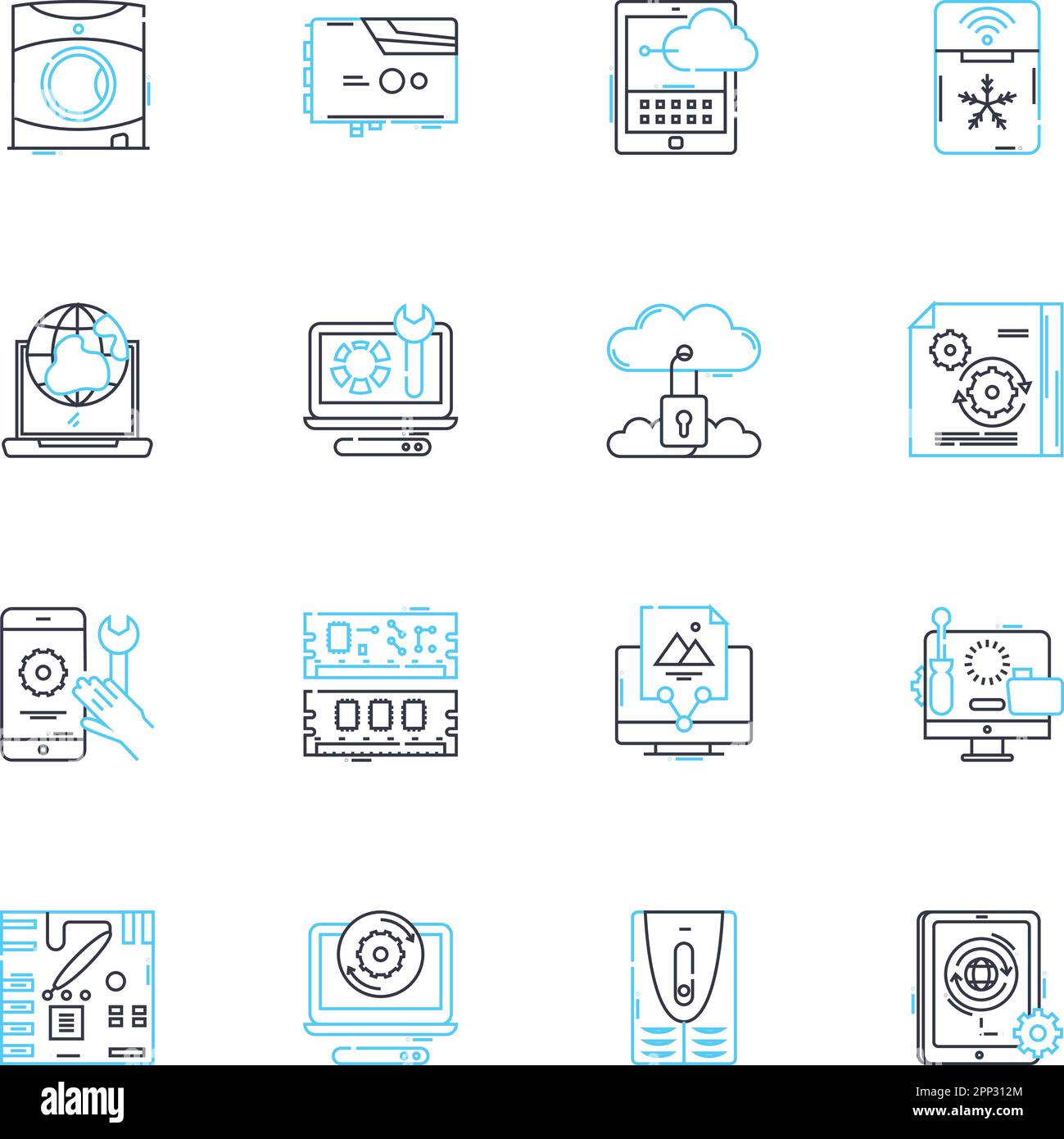 Tech devices linear icons set. Smartph, Tablet, Laptop, Computer, Smartwatch, Fitness-tracker ...