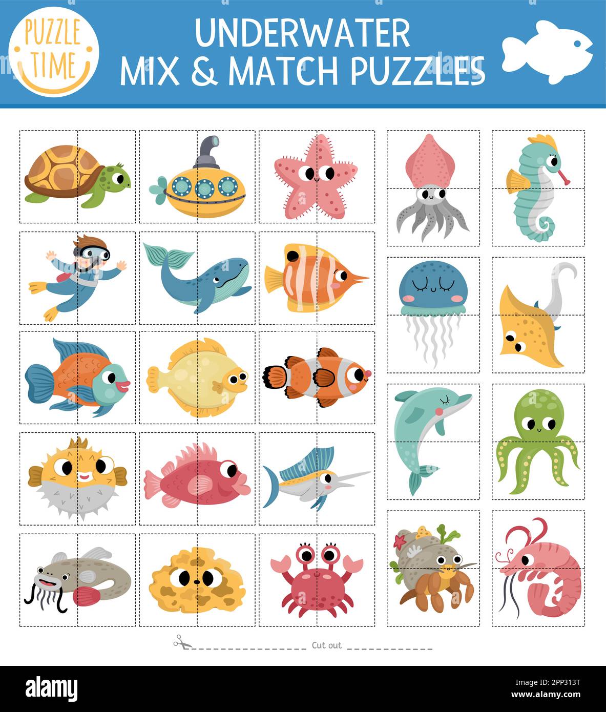 Vector big set of under the sea mix and match puzzle with cute characters. Matching ocean life ...