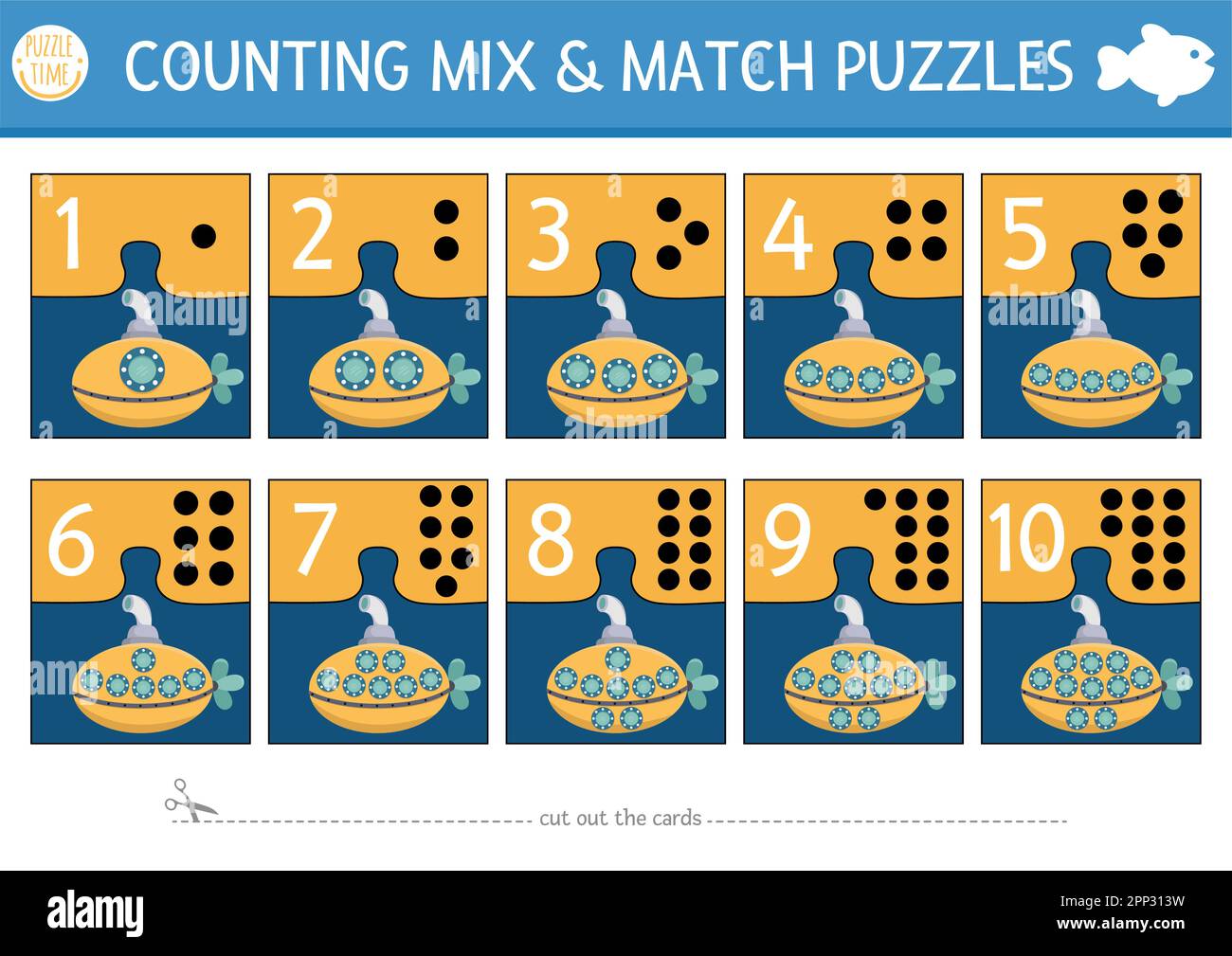 Vector under the sea mix and match puzzle with cute submarine. Ocean life matching math activity ...