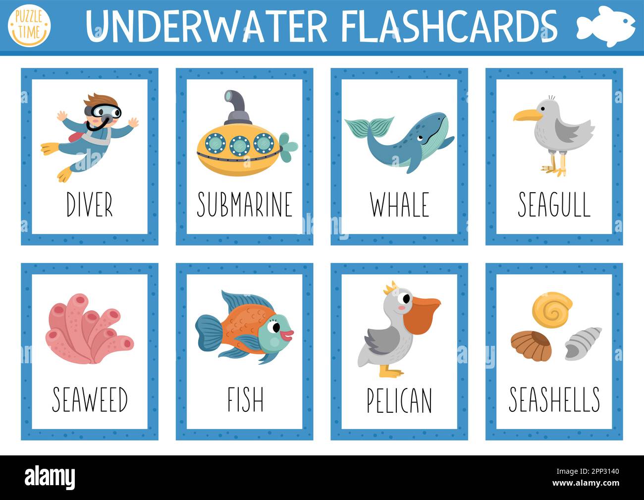 Vector flash cards set with water animals, diver, submarine. English ...