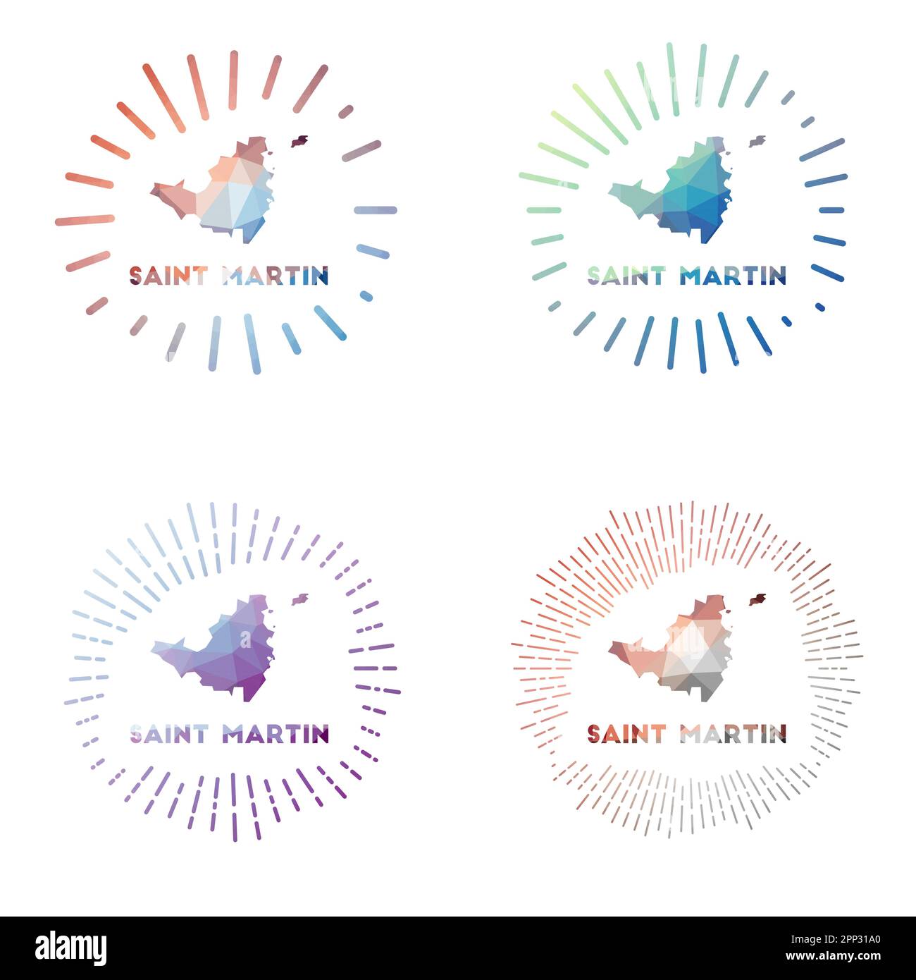 Saint Martin low poly sunburst set. Logo of island in geometric ...