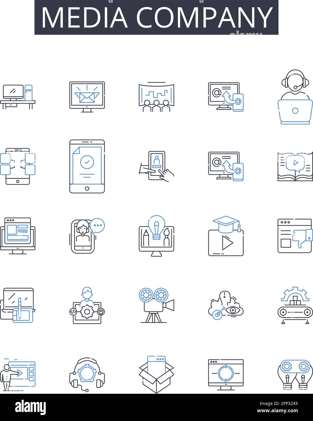 Media company line icons collection. Advertising firm, News outlet, Television nerk, Publishing ...