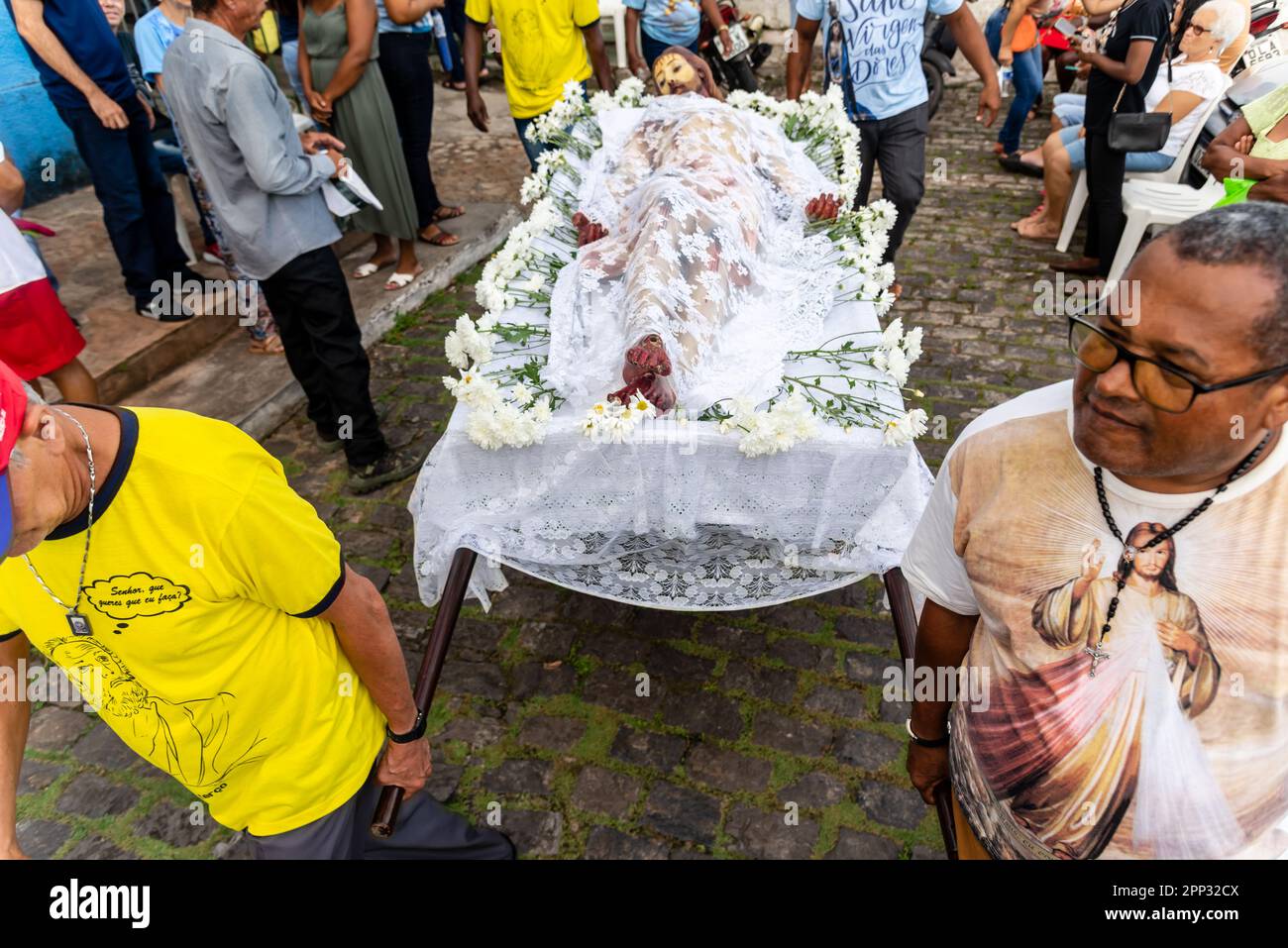 Salvador, Bahia, Brazil - April 07, 2023: Catholic faithful carry the ...