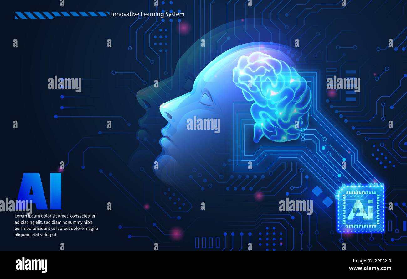 AI technology concept artificial abstract human side face and glowing ...