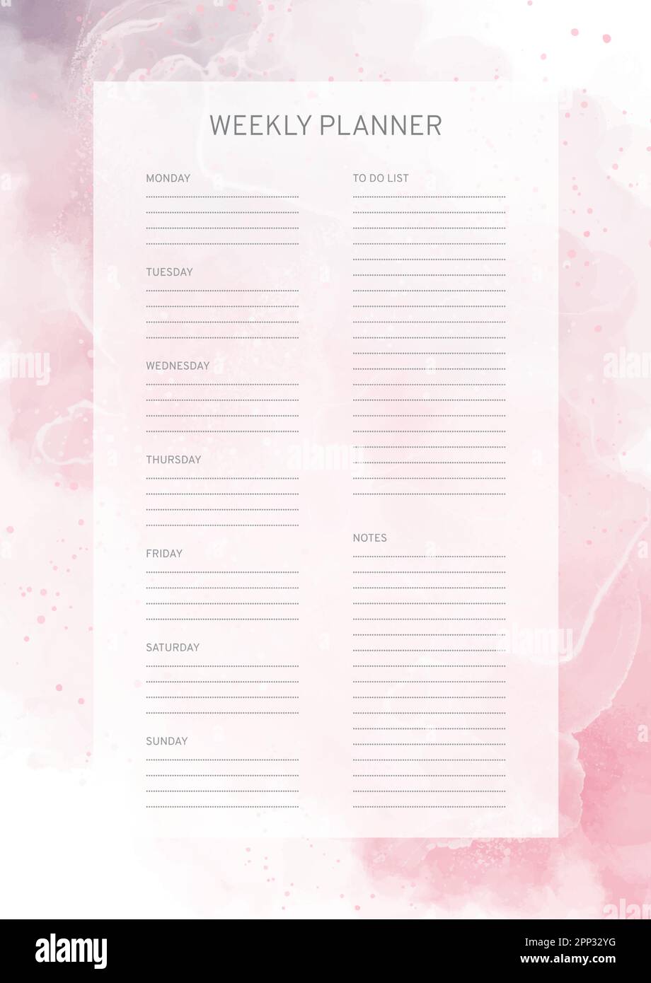 Eegant weekly planner design with a pastel pink watercolour background ...