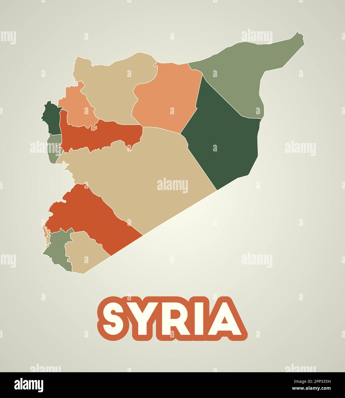 Syria poster in retro style. Map of the country with regions in autumn ...