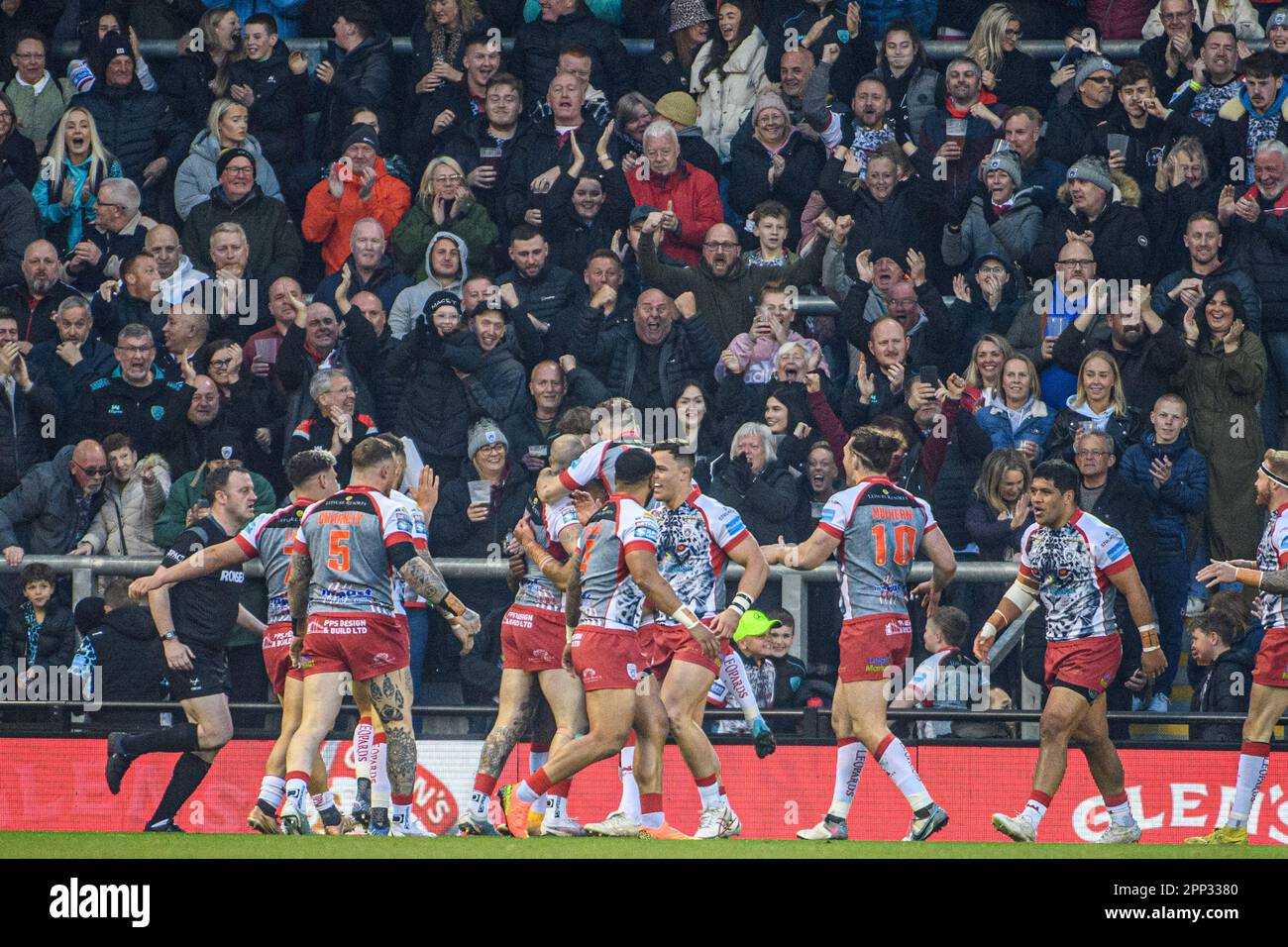 Leigh, Greater Manchester, UK. 21st Apr 2023. Leigh players celebrate ...
