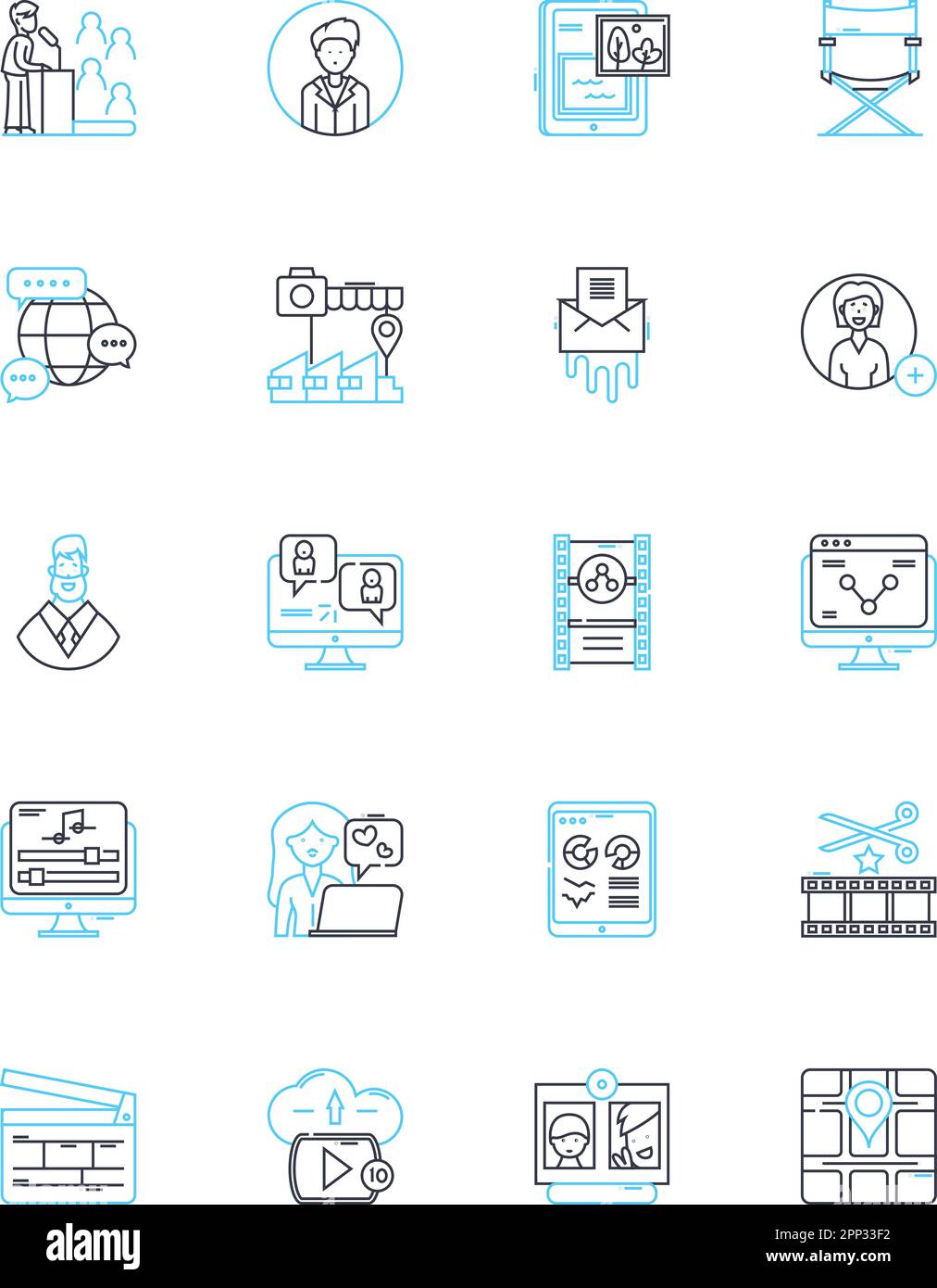 Television news linear icons set. Reporting, Anchors, Journalism ...
