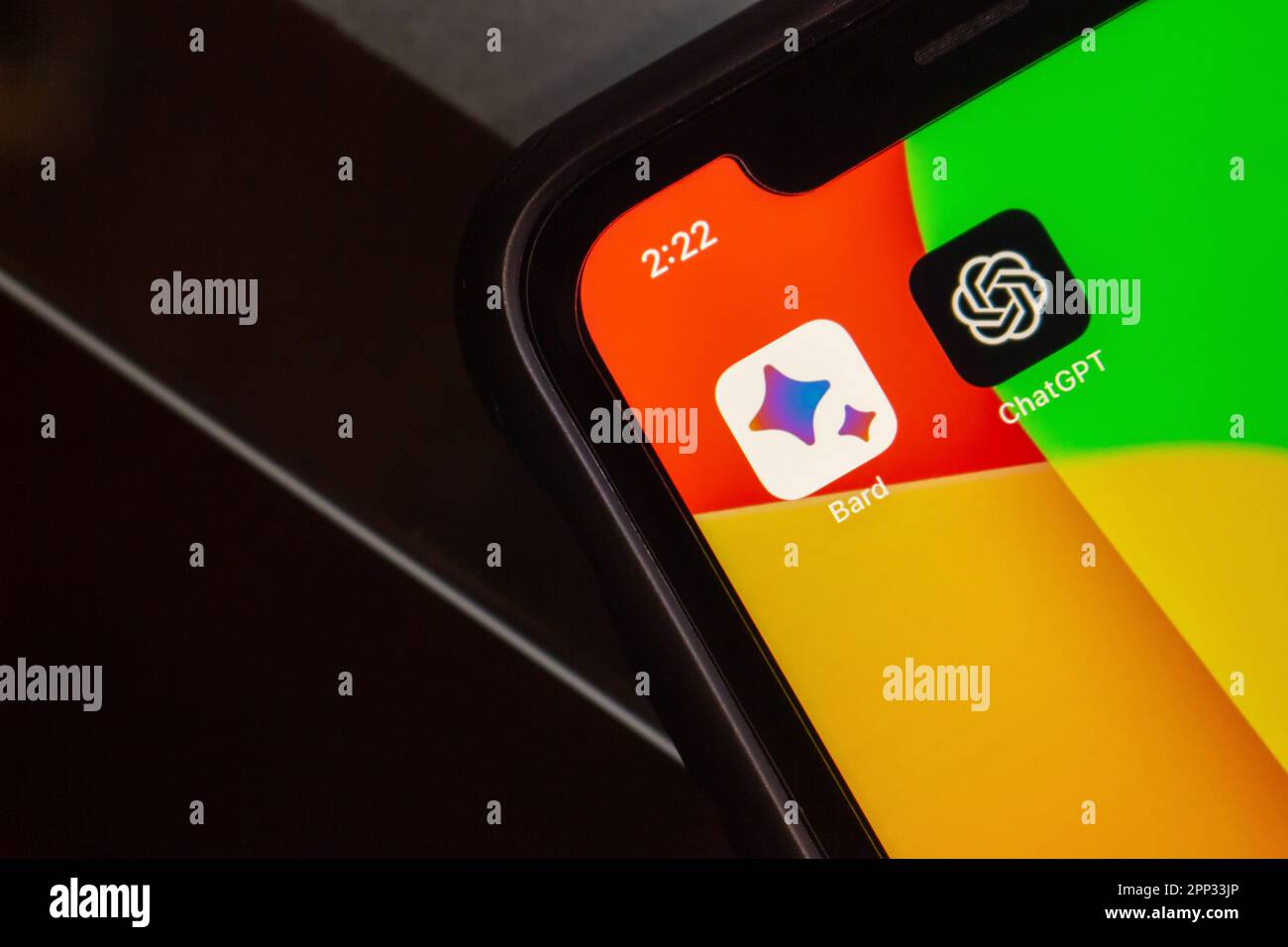 Vancouver, CANADA - Apr 19 2023 : Google Bard and OpenAI ChatGPT icons seen in an iPhone screen ...