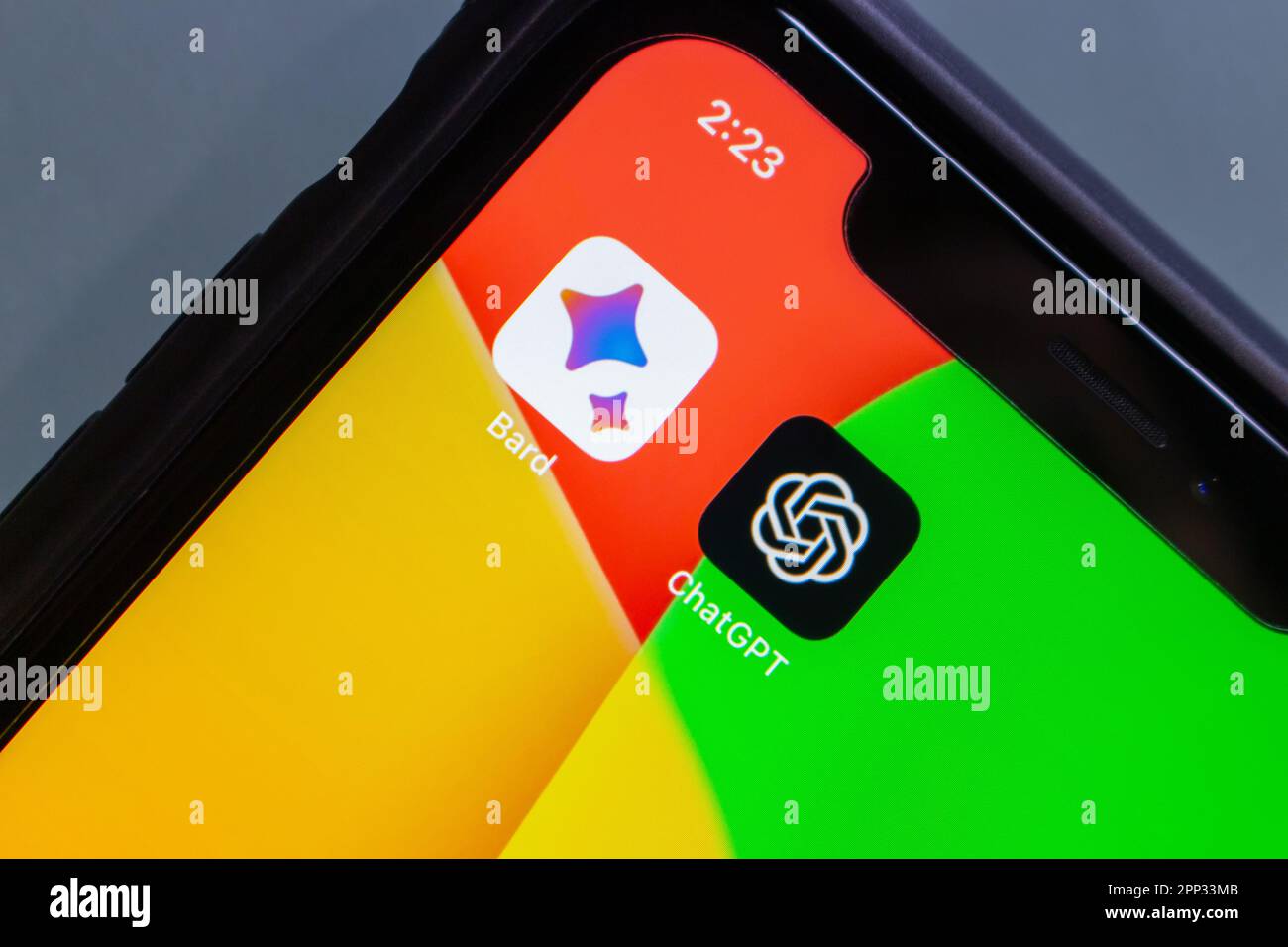 Vancouver, CANADA - Apr 19 2023 : Google Bard and OpenAI ChatGPT icons seen in an iPhone screen ...