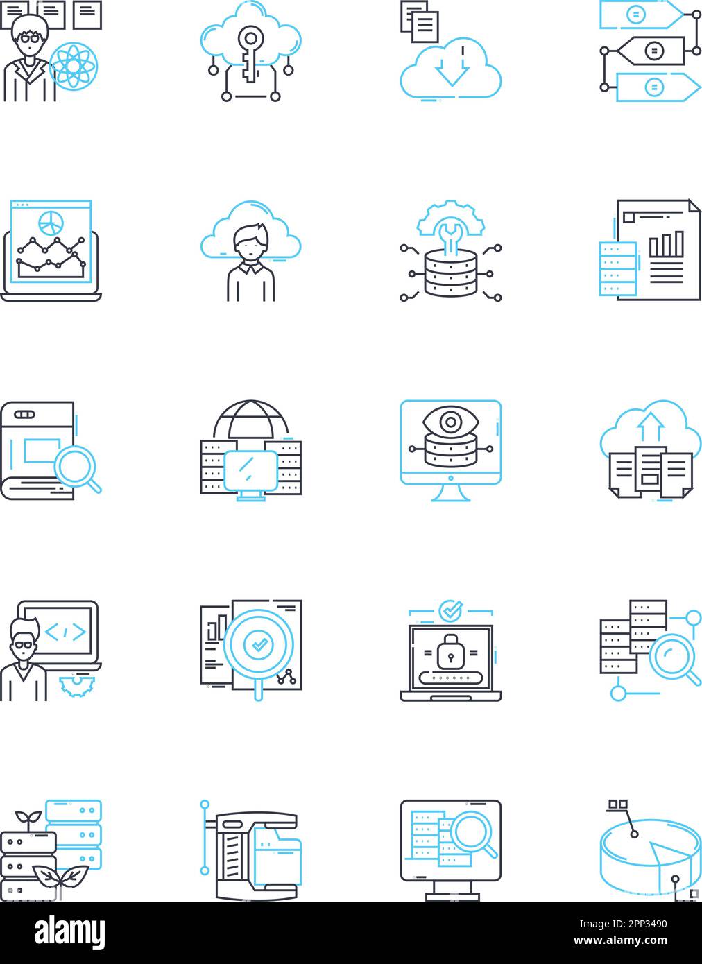 Risk assessment linear icons set. Probability, Threat, Hazard, Vulnerability, Damage, Exposure ...