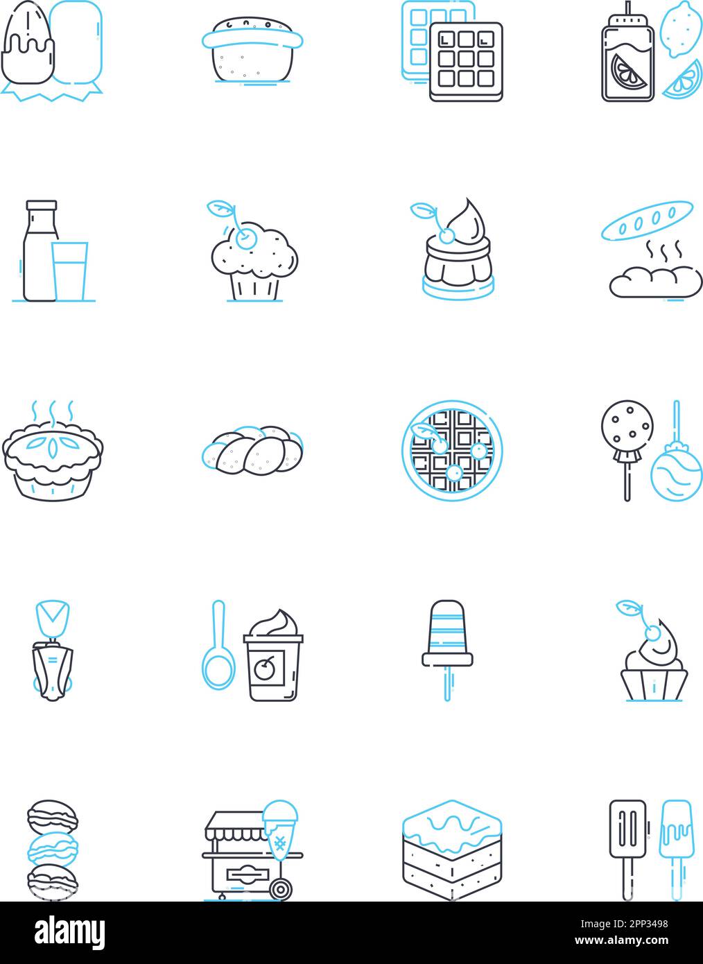 Desserts linear icons set. Cake, Brownies, Cookies, Ice cream, Pudding ...