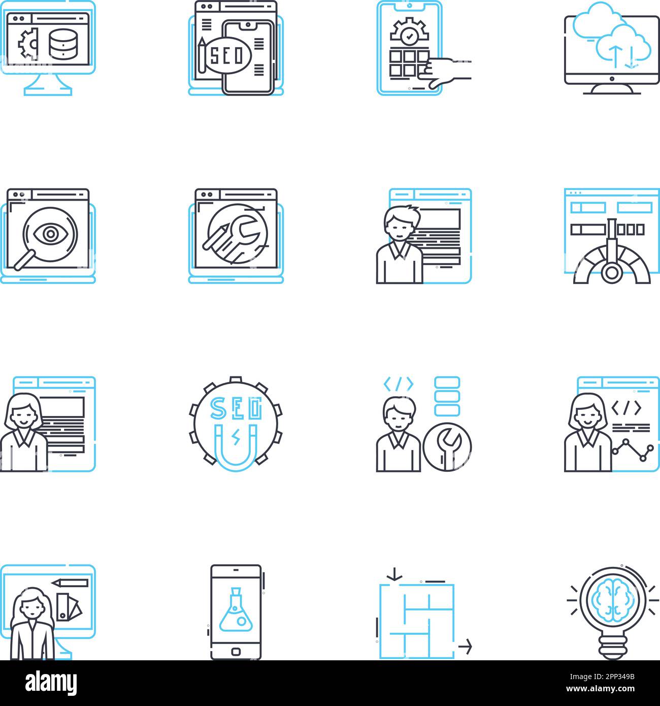 Search advertising linear icons set. Adwords, Bid, Clicks, Conversion ...