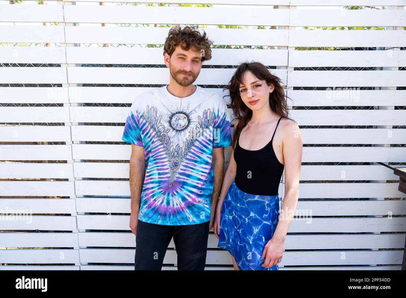 Matthew Lewin, left, and Mica Tenenbaum of Magdalena Bay pose at the Coachella Music & Arts ...