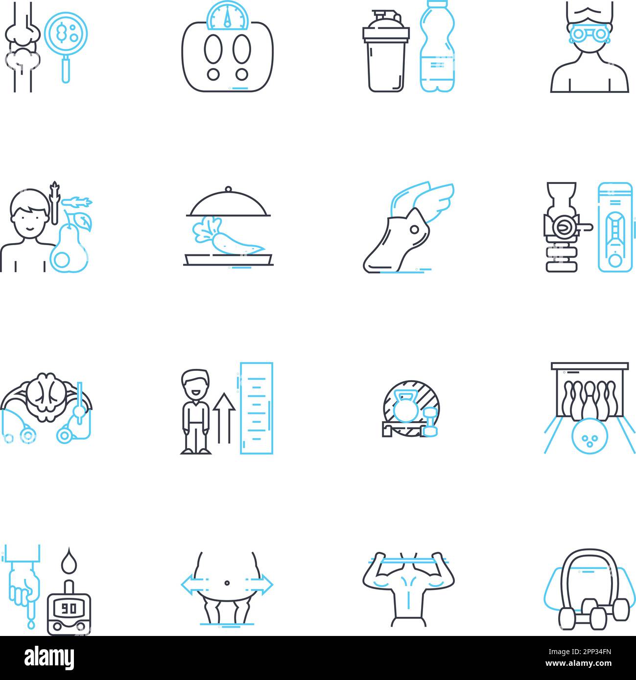 Body fitness linear icons set. Strength, Flexibility, Endurance ...