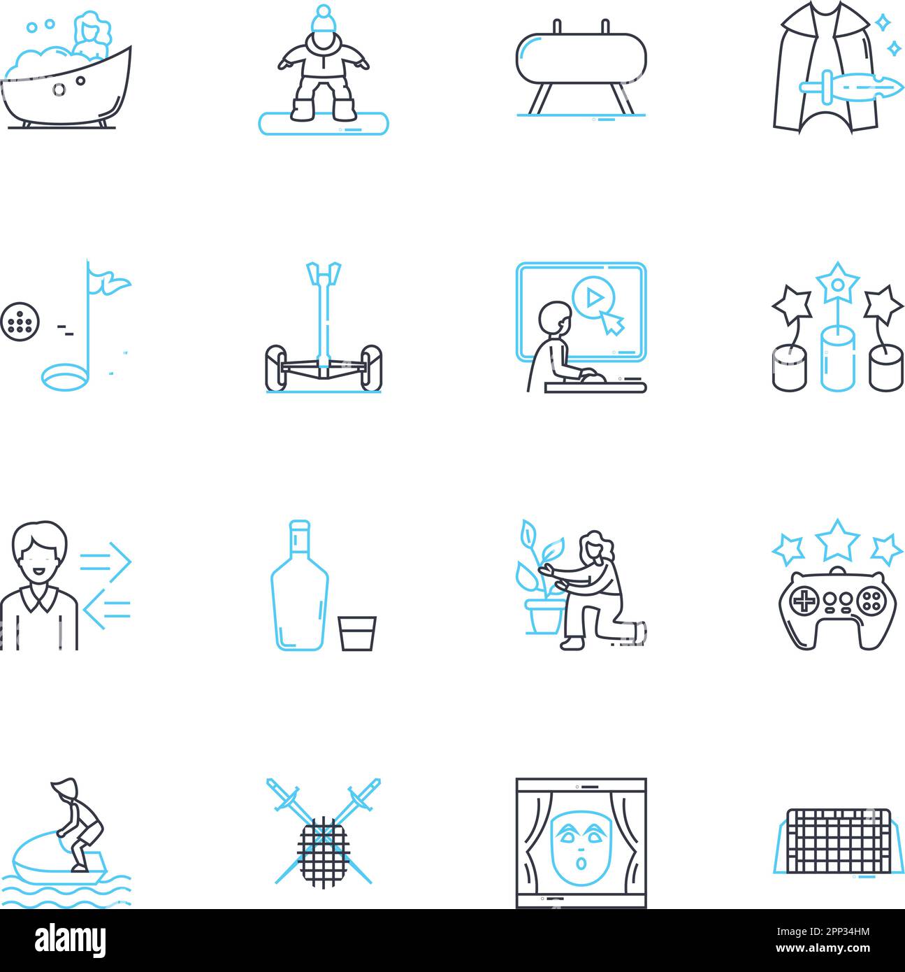 Playtime hobbies linear icons set. Games, Toys, Puzzles, Books ...