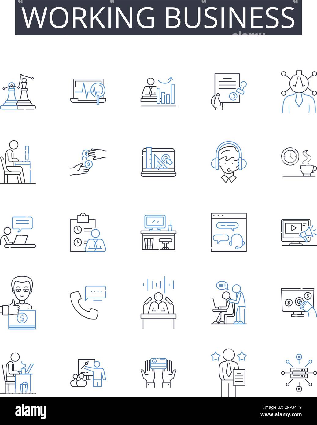Working business line icons collection. Running company, Busy office, Operational enterprise ...