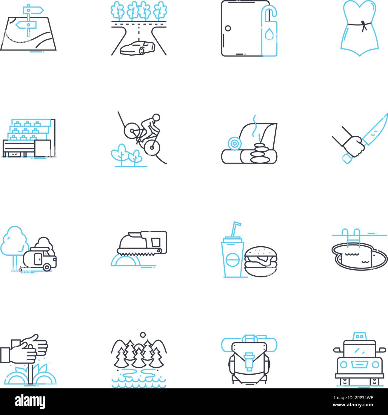 Adventure excursion linear icons set. Expedition, Trek, Safari, Journey ...